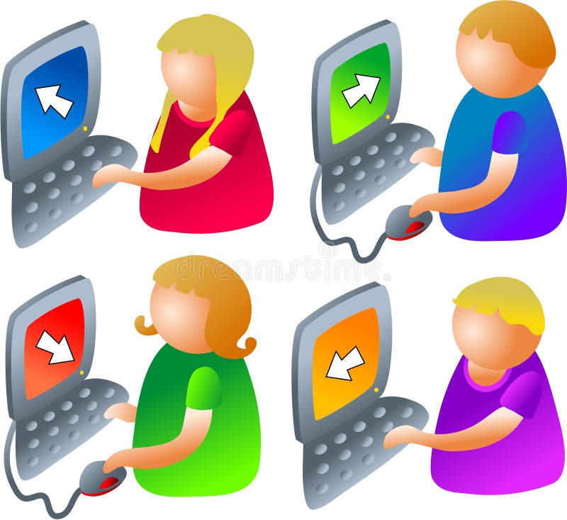 Kids with Computers and Social Media Icons Conceptual Flat Illustration ...