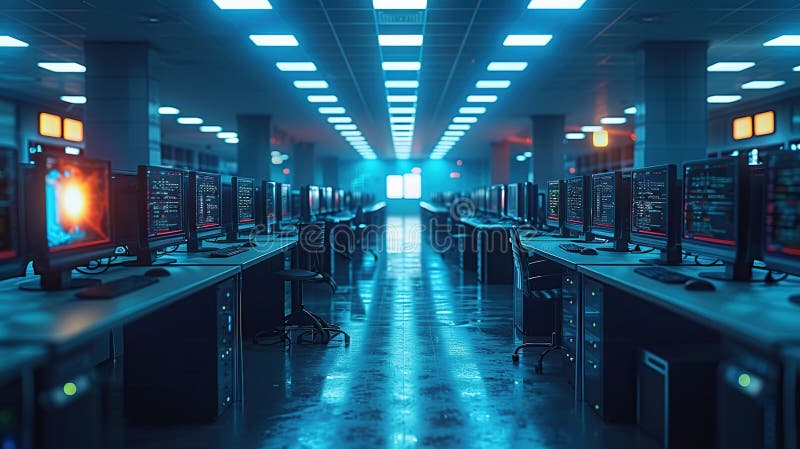 Computer Lab with Blue Lighting Stock Illustration - Illustration of ...
