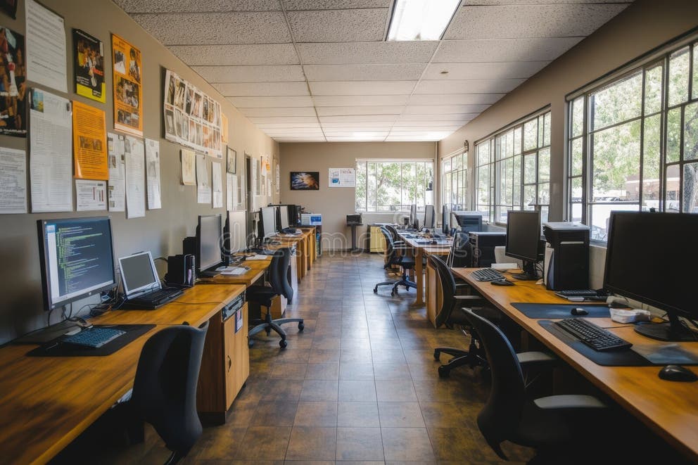 Computer Lab Bright Room with Wooden Desks and Windows Stock ...