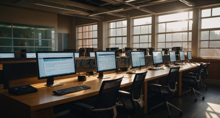 Computer Lab Classroom with Row of Computers for Education it Training ...