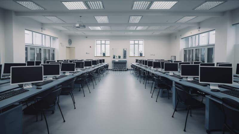 A Computer Lab Filled with Rows of Computers Under Fluorescent Lighting ...