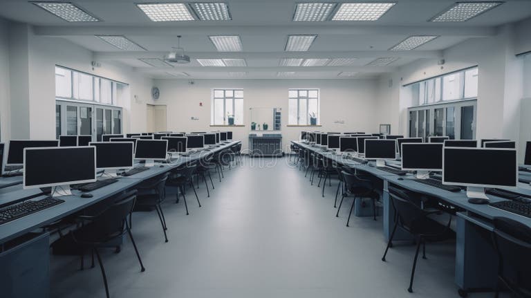 A Computer Lab Filled with Rows of Computers Under Fluorescent Lighting ...