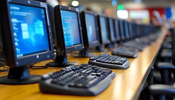Row of Computers in a Computer Lab Stock Illustration - Illustration of ...