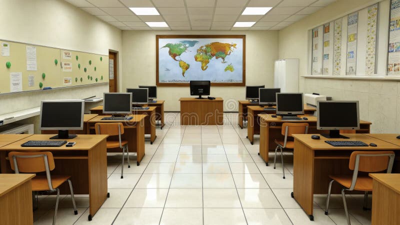 Computer Lab Setup with Multiple Workstations and a World Map in a Modern Educational ...