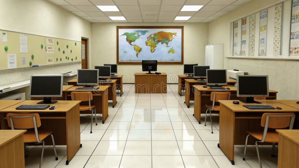 Computer Lab Setup with Multiple Workstations and a World Map in a Modern Educational ...