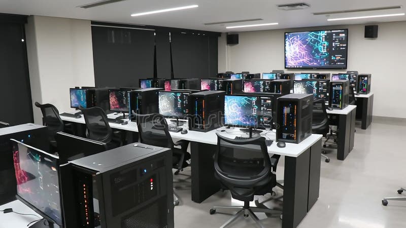 Computer Room with Rows of Computers. 3d Rendering, 3d Illustration ...