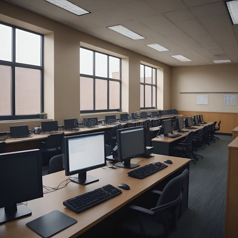 An Empty Computer Labs, with Computer Screen on and Ready for Next Class Stock Illustration ...