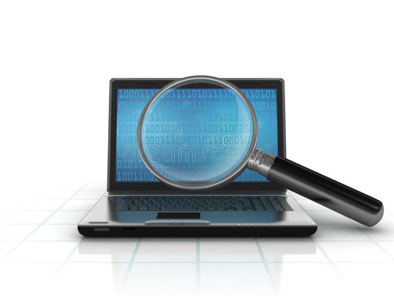 Computer Laptop with Binary Code and Magnifying Glass Stock ...