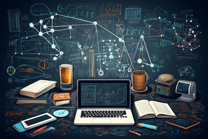 Computer Laptop with a Blackboard with Graphs, Designs and Formulas ...