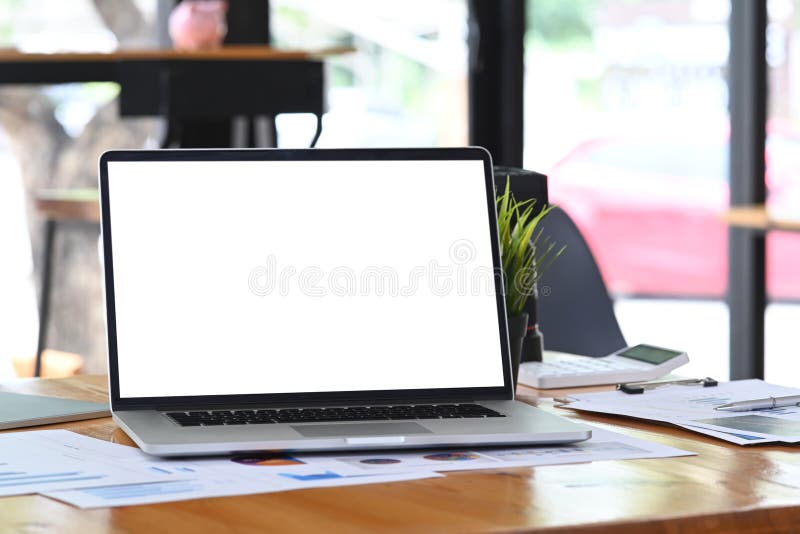 Laptop with Blank Screen and Documents on Office Desk. Stock Image ...
