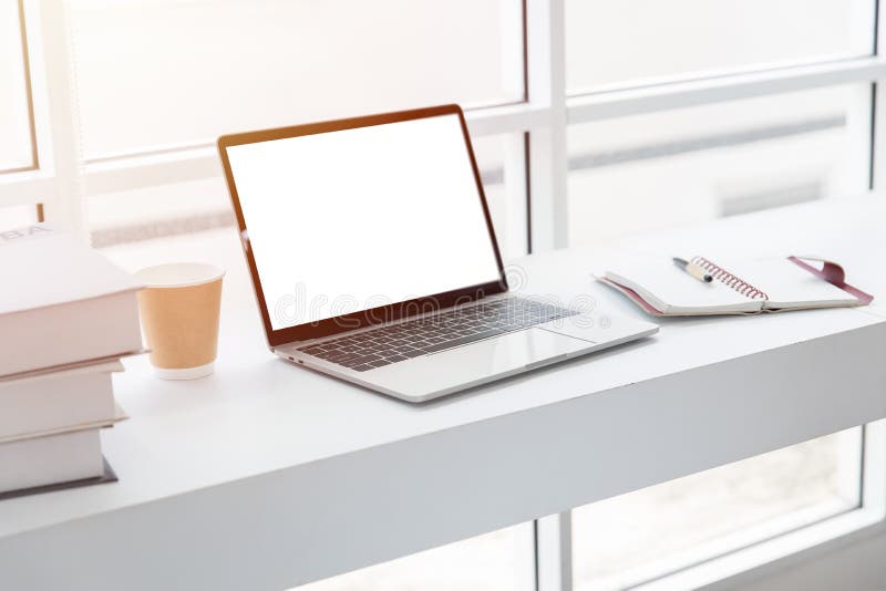 Computer Laptop Blank Screen on White Clean Working Table Cozy Desktop ...