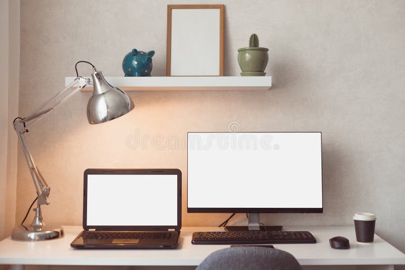 Computer and Laptop with Blank White Screens. Mockup Design Two ...
