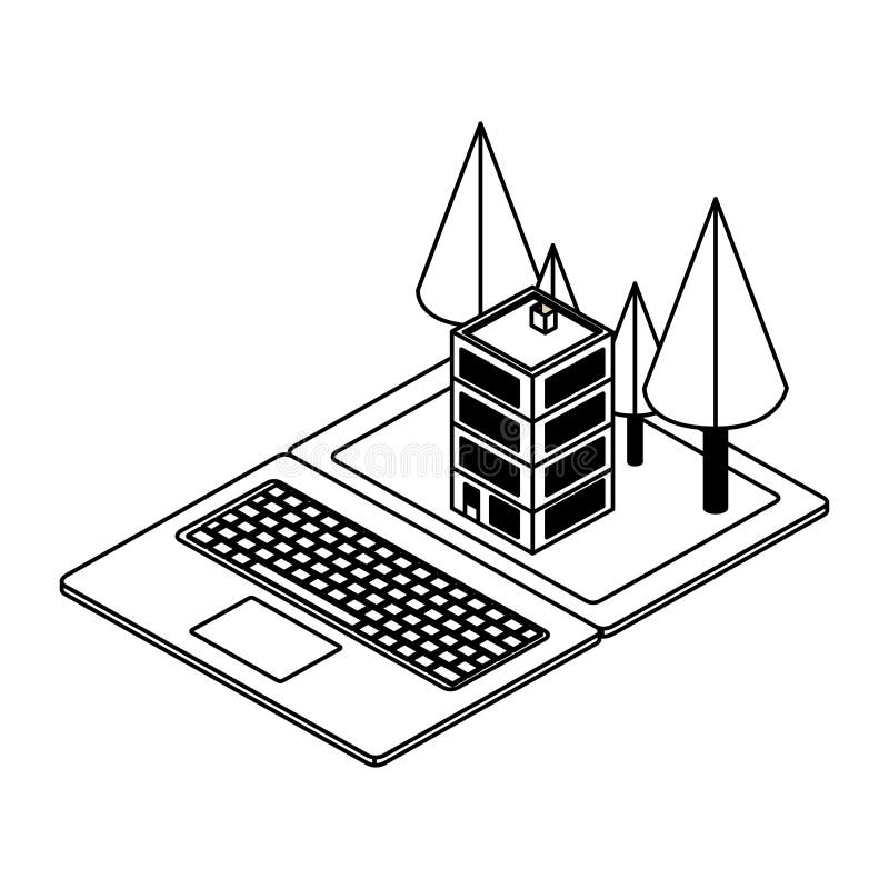 Computer Laptop and Building Scene Isometric Icon Stock Vector ...