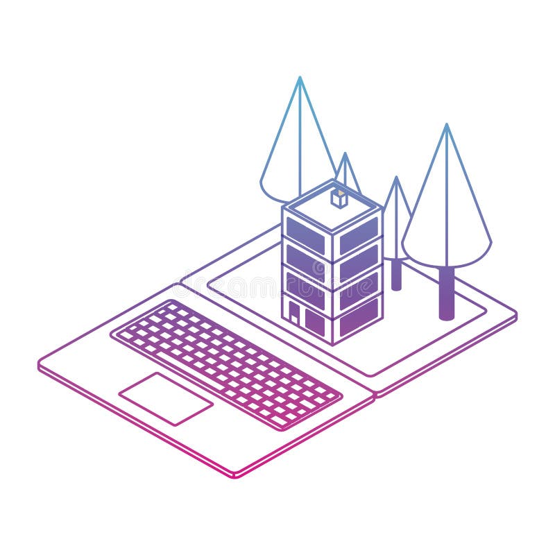 Computer Laptop and Building Scene Isometric Icon Stock Vector ...