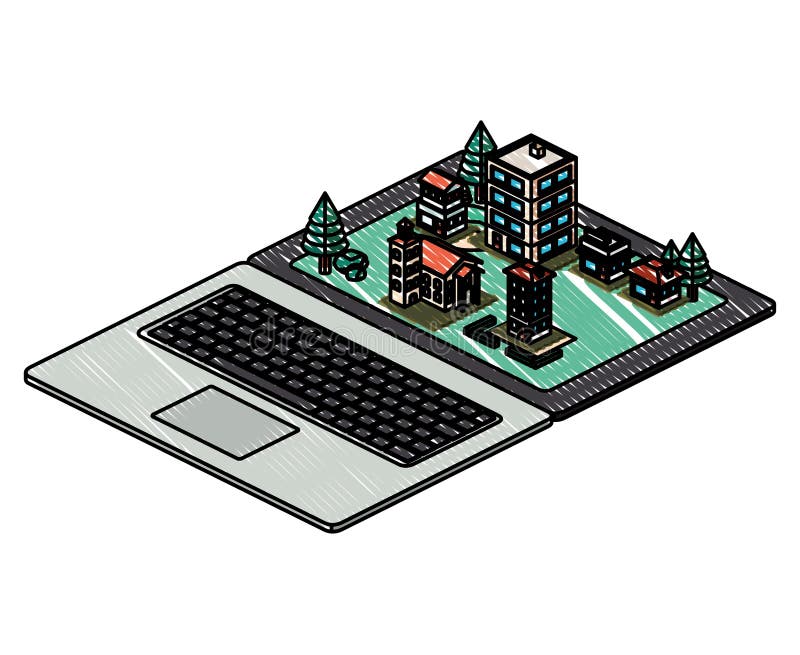 Computer Laptop and Building Scene Isometric Icon Stock Vector ...