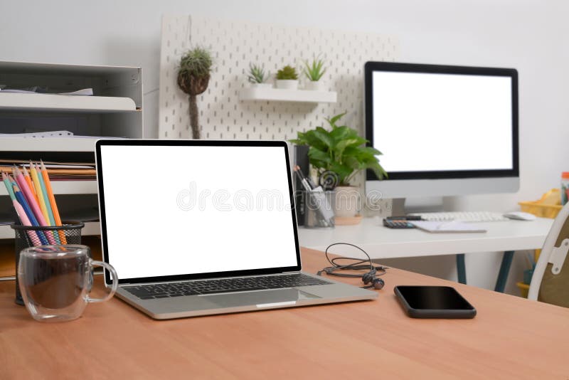 Laptop, Coffee Cup and Mobile Phone on Wooden Desk. Stock Photo - Image ...