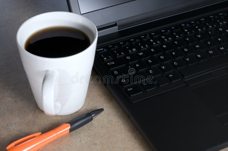 Computer Laptop with Coffee Mug and Orange Pen Stock Photo - Image of ...
