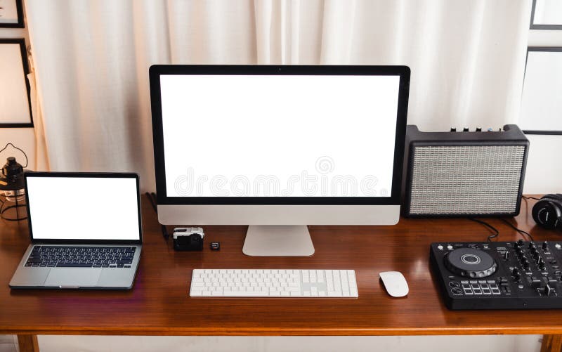 Computer and Laptop on the Desk Mock Up at Home Office Stock Photo ...