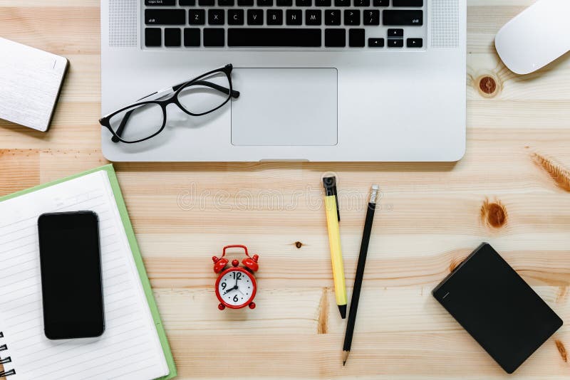 Computer Laptop and Digital Devices on Table Workspace, Top View of ...