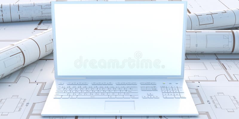 Computer Laptop Empty Screen and Project Design Blueprints. 3d ...