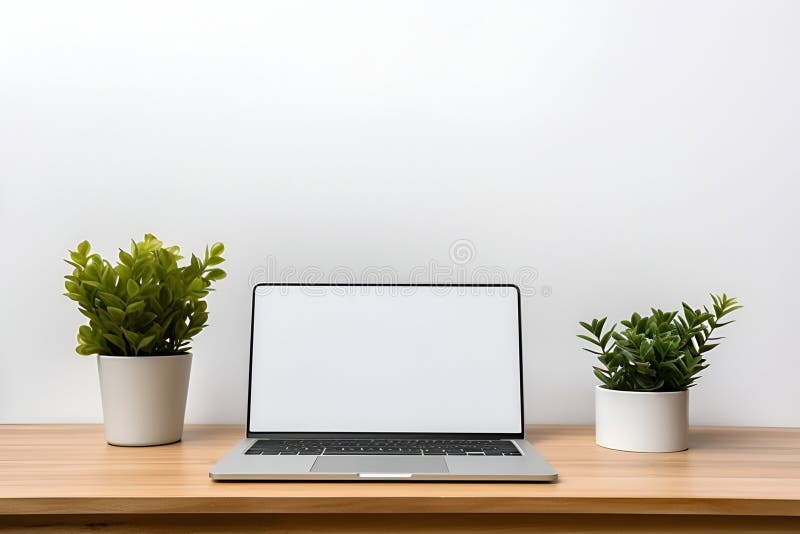 Computer Laptop Empty Screen on Workplace, Home Office, White Wall ...