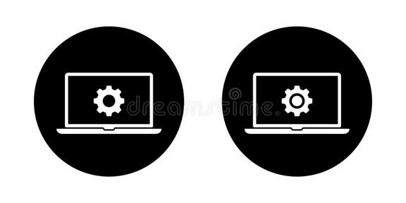 Computer Laptop with Gear Icon in Black Circle. System Setup and ...