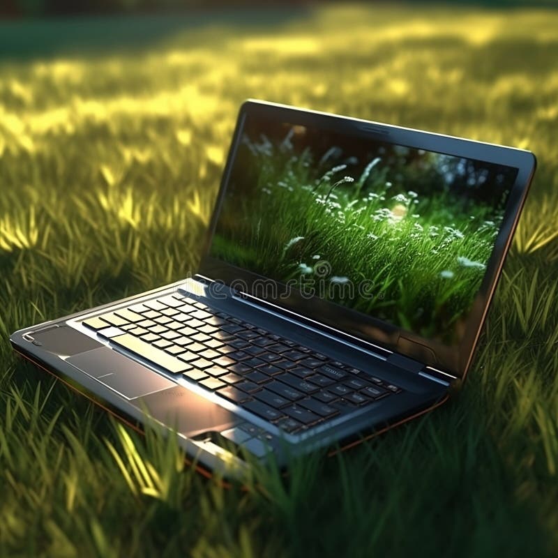 Computer Laptop on Grass. Sun Light Stock Illustration - Illustration ...