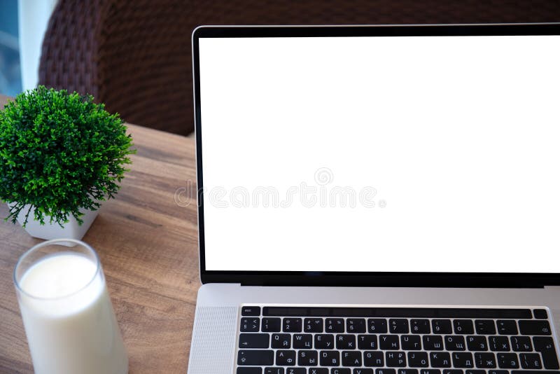 Computer Laptop with Isolated Screen on Table in Summer Cafe Stock ...