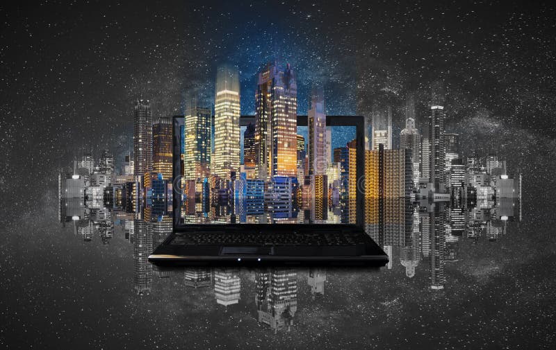 Computer Laptop with Modern Building Technology Stock Illustration ...