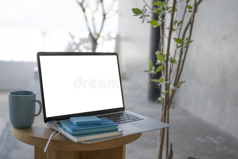Laptop, Notebooks and Coffee Cup on Wooden Desk in Cafe. Stock Image ...