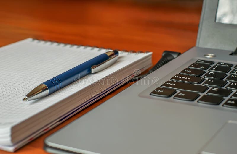 Computer - Laptop, Notepad and Pen. Stock Image - Image of technology ...