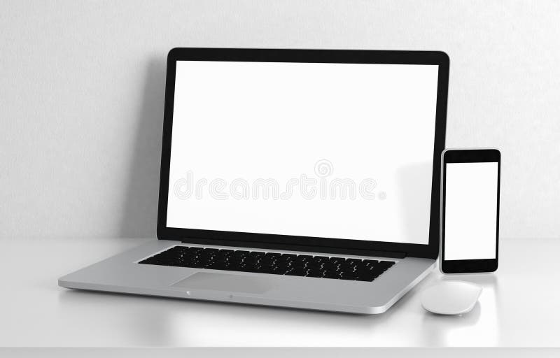 Computer Laptop and Phone Blank Screen on White Office Desk, Workspace ...