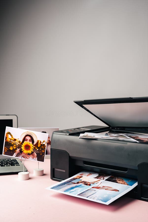 Computer Laptop and Printer on Table. Printing Photos Stock Image ...