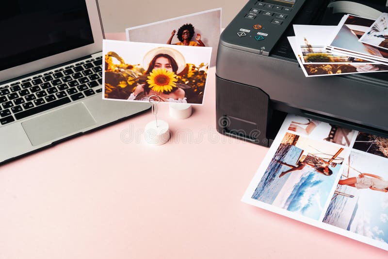 Computer Laptop and Printer on Table. Printing Photos Stock Image ...