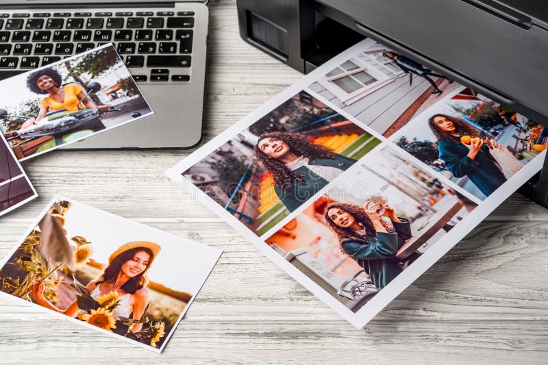 Computer Laptop and Printer on Table. Printing Photos Stock Image ...