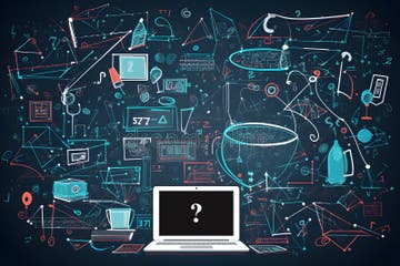 Computer Laptop with a Question Mark and a Blackboard with Graphs and ...
