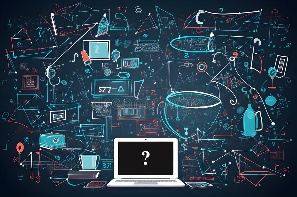 Computer Laptop with a Question Mark and a Blackboard with Graphs and ...