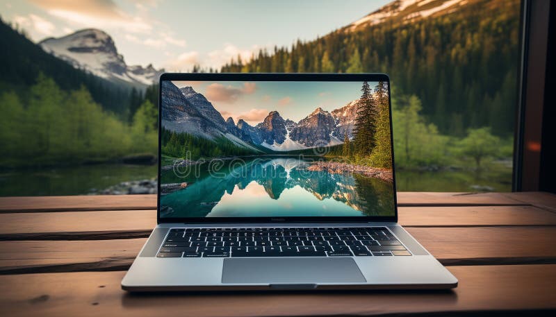 Computer Laptop on Table, Nature Beauty Reflected in Mountain Landscape ...