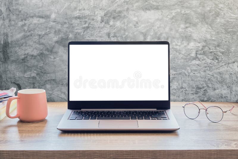 Computer Laptop on the Table in the Room, Concrete Wall Background ...