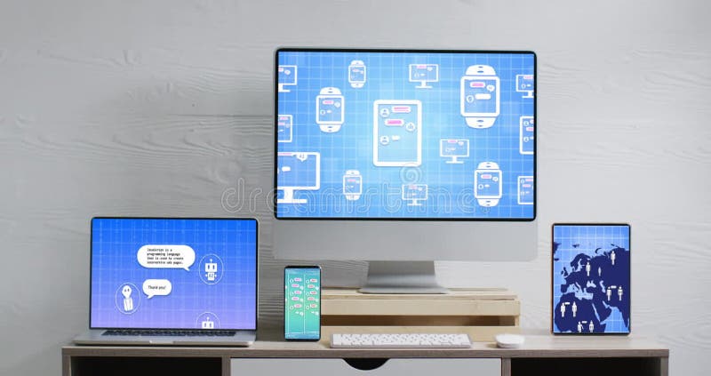 Computer, Laptop, Tablet and Smartphone with Data Processing on Screens ...