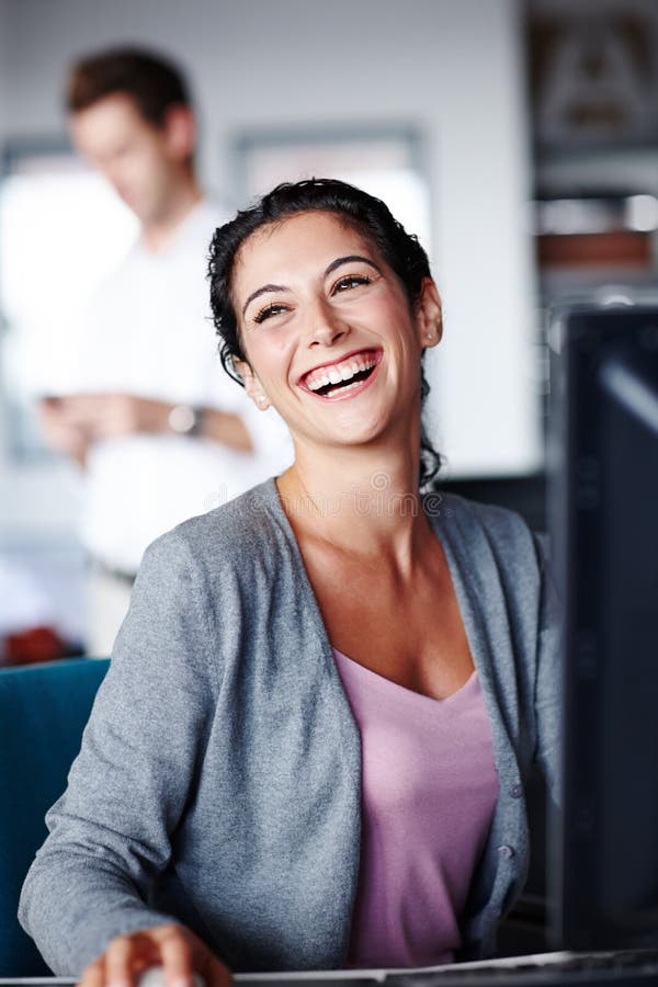 Computer, Laughing and Smile with Designer Woman at Desk in Office for ...