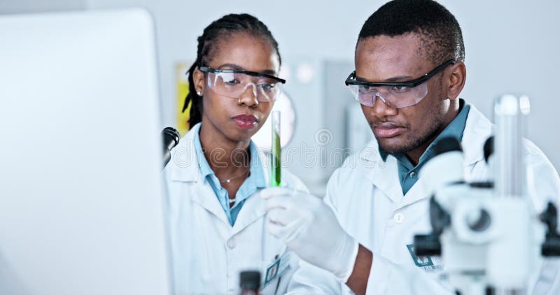 Computer, Liquid and Test Tube with Scientist People in Lab for ...
