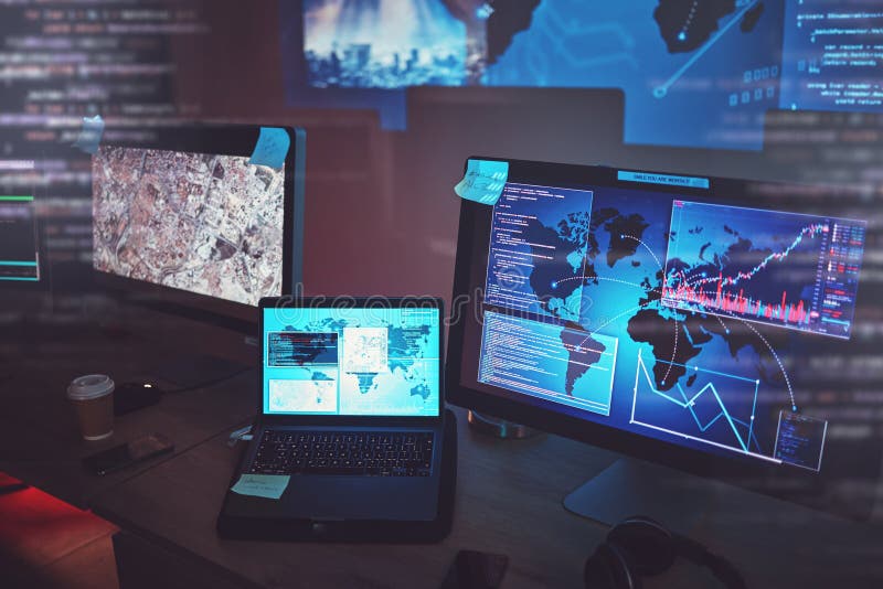 Computer, Location Hacking and Cybersecurity, Hologram Screen with ...