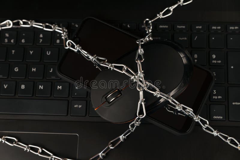A Computer with a Lock is on the Wooden Table Stock Image - Image of ...