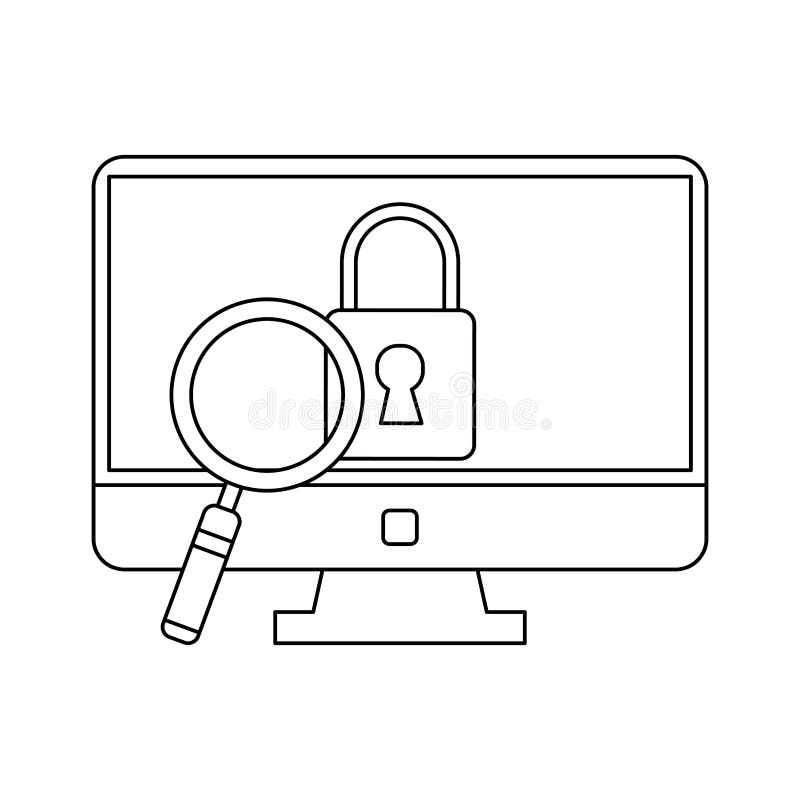 Computer Locked with Magnifying Glass in Black and White Stock Vector ...