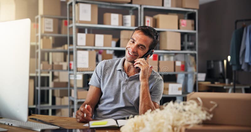 Computer, Logistics and Phone Call with Man in Warehouse for ...