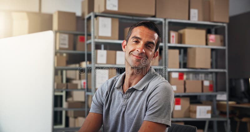 Computer, Logistics and Portrait with Man in Distribution Office for ...