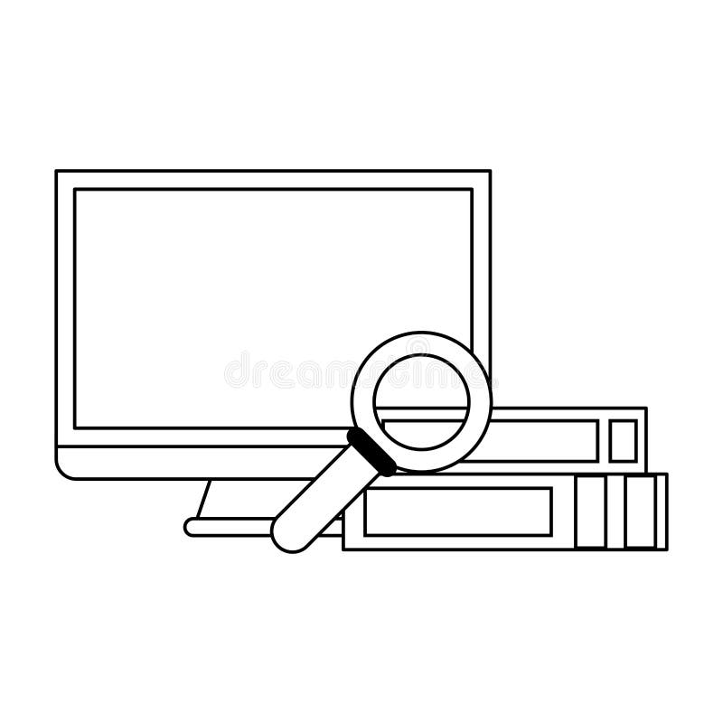 Computer and Magnifying Glass with Books Black and White Stock Vector ...