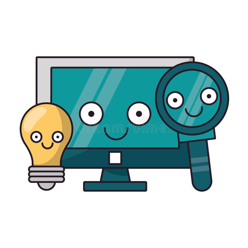Computer and Magnifying Glass with Bulb Light Stock Vector ...