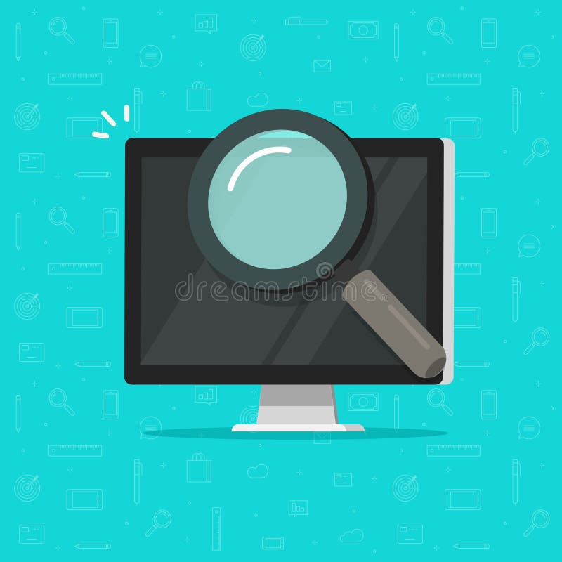 Computer with Magnifying Glass Vector Illustration, Flat Cartoon ...